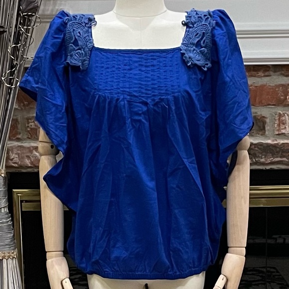 Cato | Tops | Cato Blue Blouse With Ruffled Sleeves Lace Appliqus M ...
